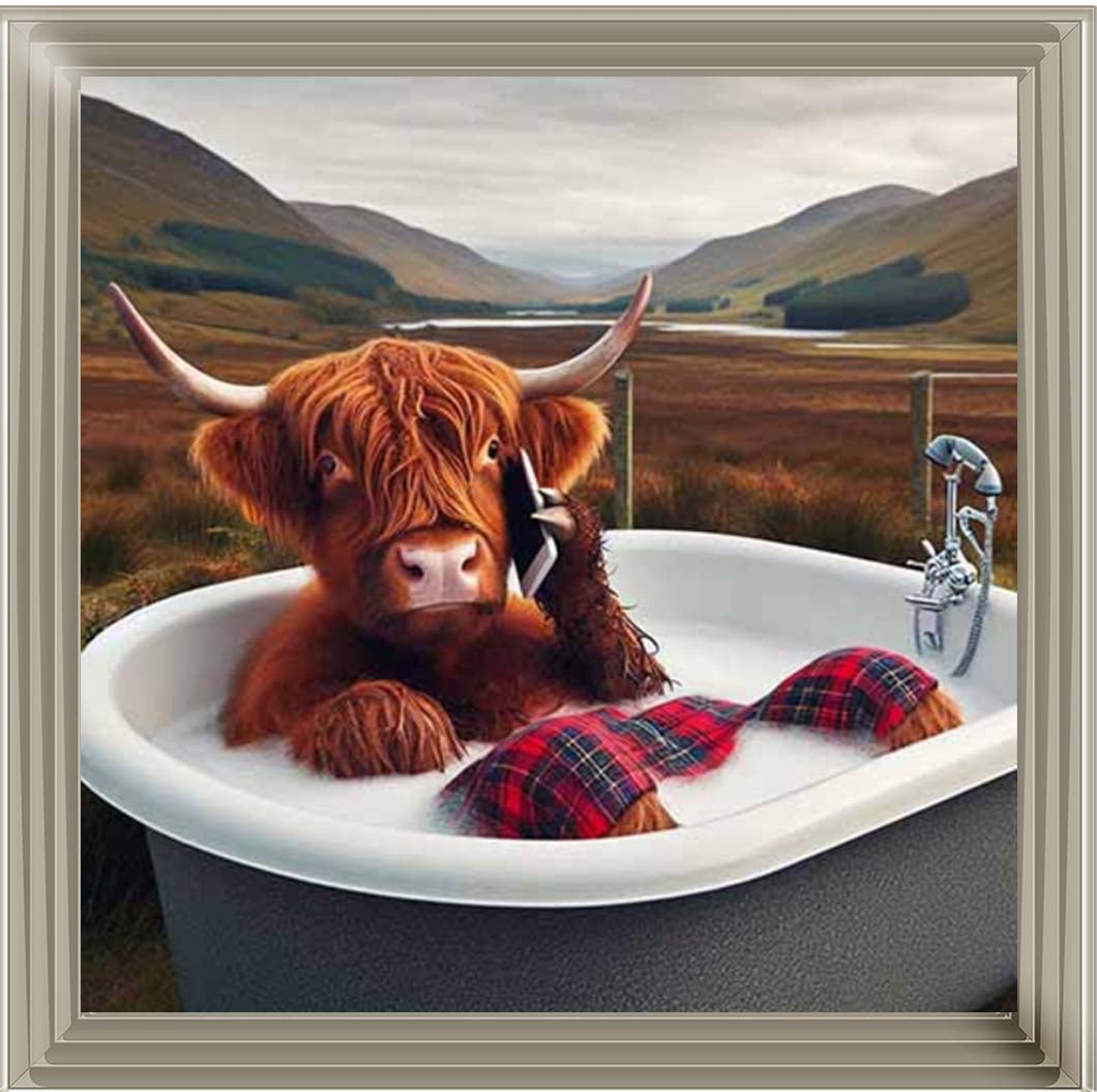 AN2136 Highland Cow On Phone Taking Bath – Final Touches